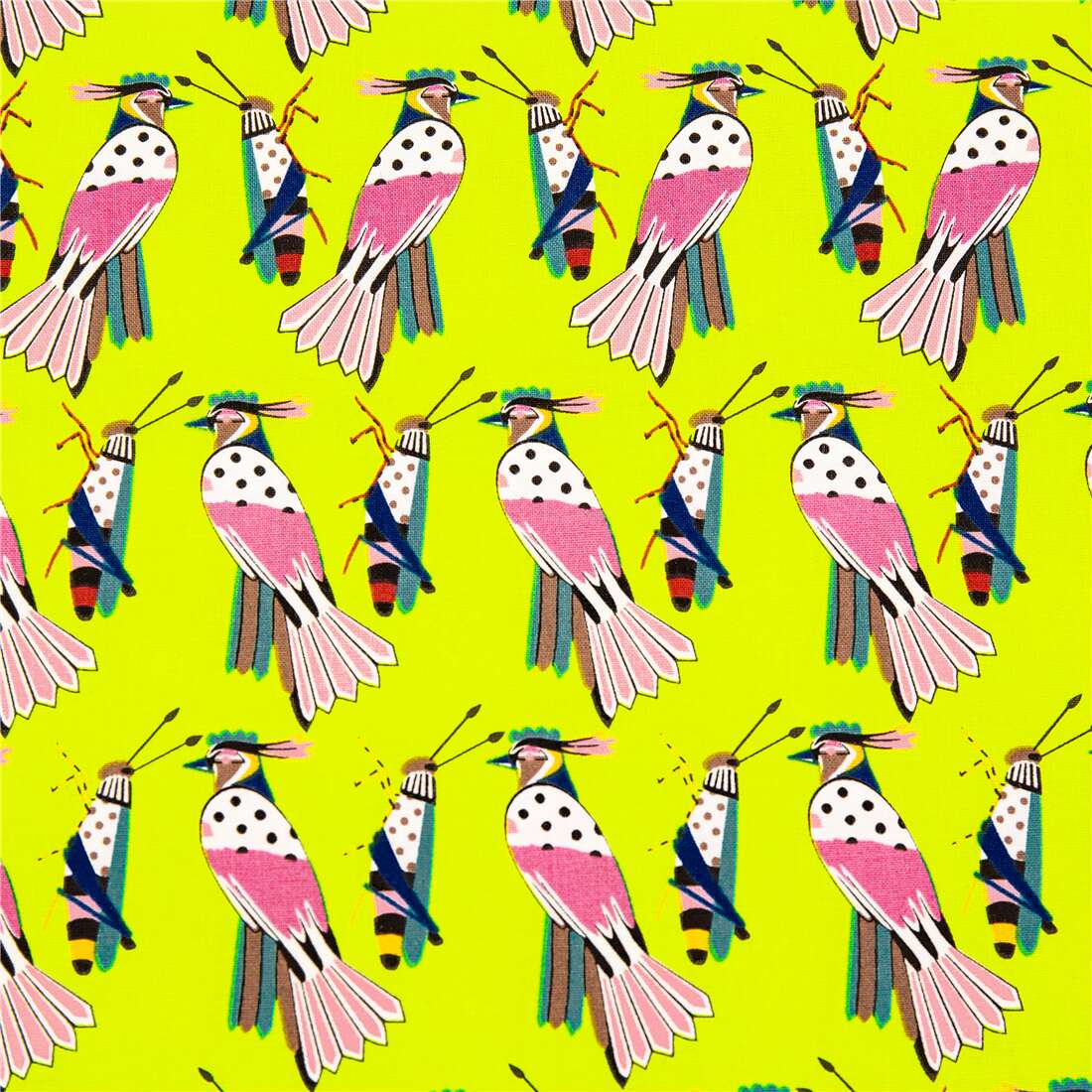 Lime Colourful Grasshopper and Falcon Fabric by Alexander Henry - modes4u