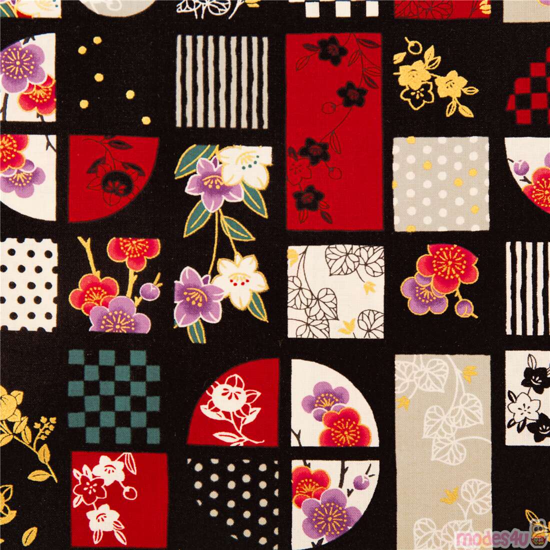 Tela algodón de Japón negra con motivos florales ventana dorados ...