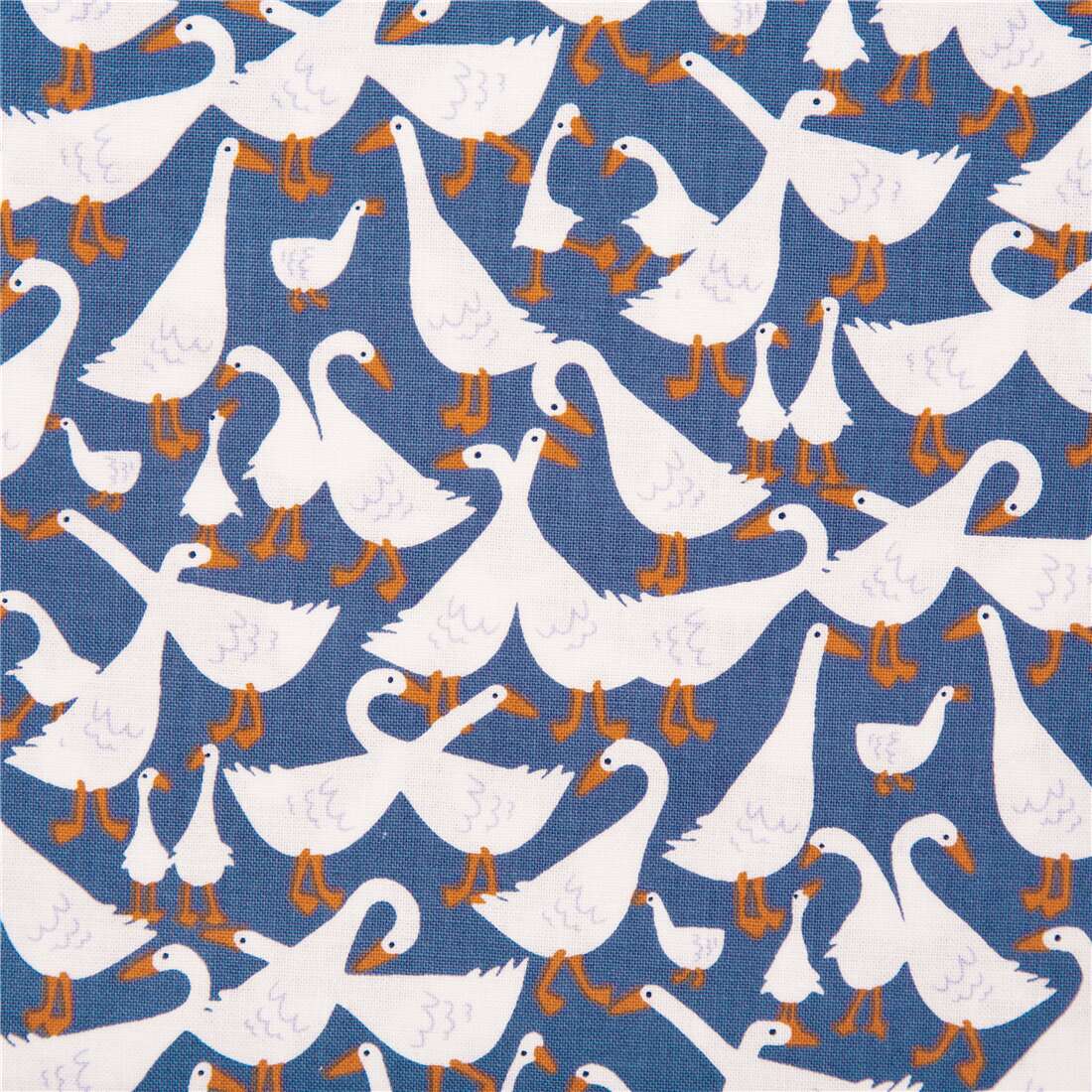 mid blue cotton fabric with white geese bumping into each other by Dear ...