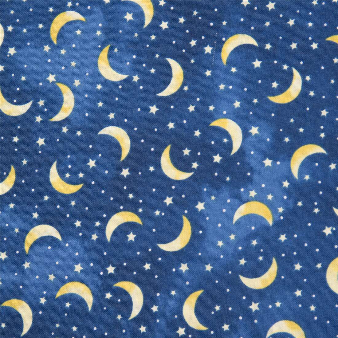 moon stars cotton fabric by Timeless Treasures white and yellow on blue ...