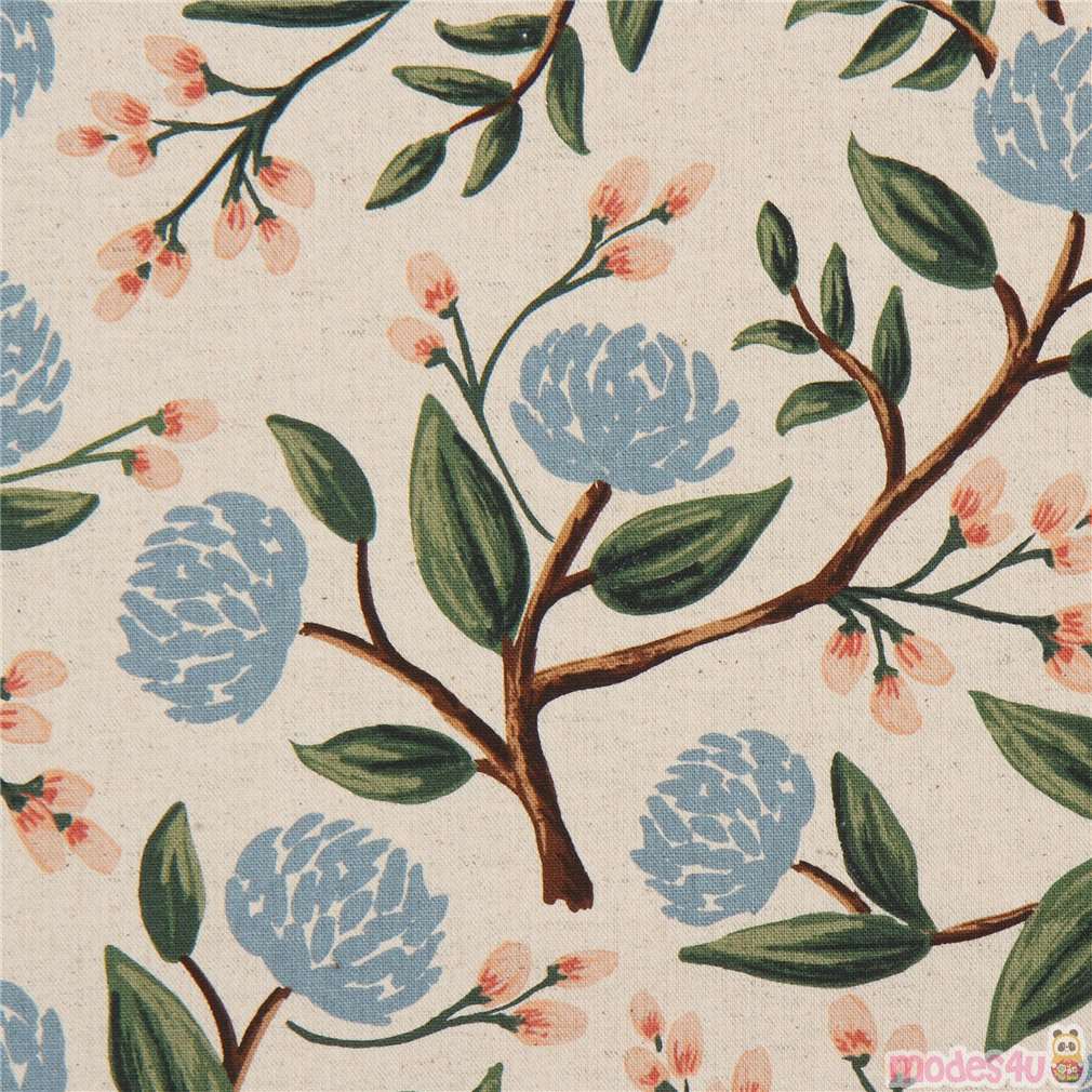 Remnant 45 cm - natural color canvas fabric with retro flowers by ...