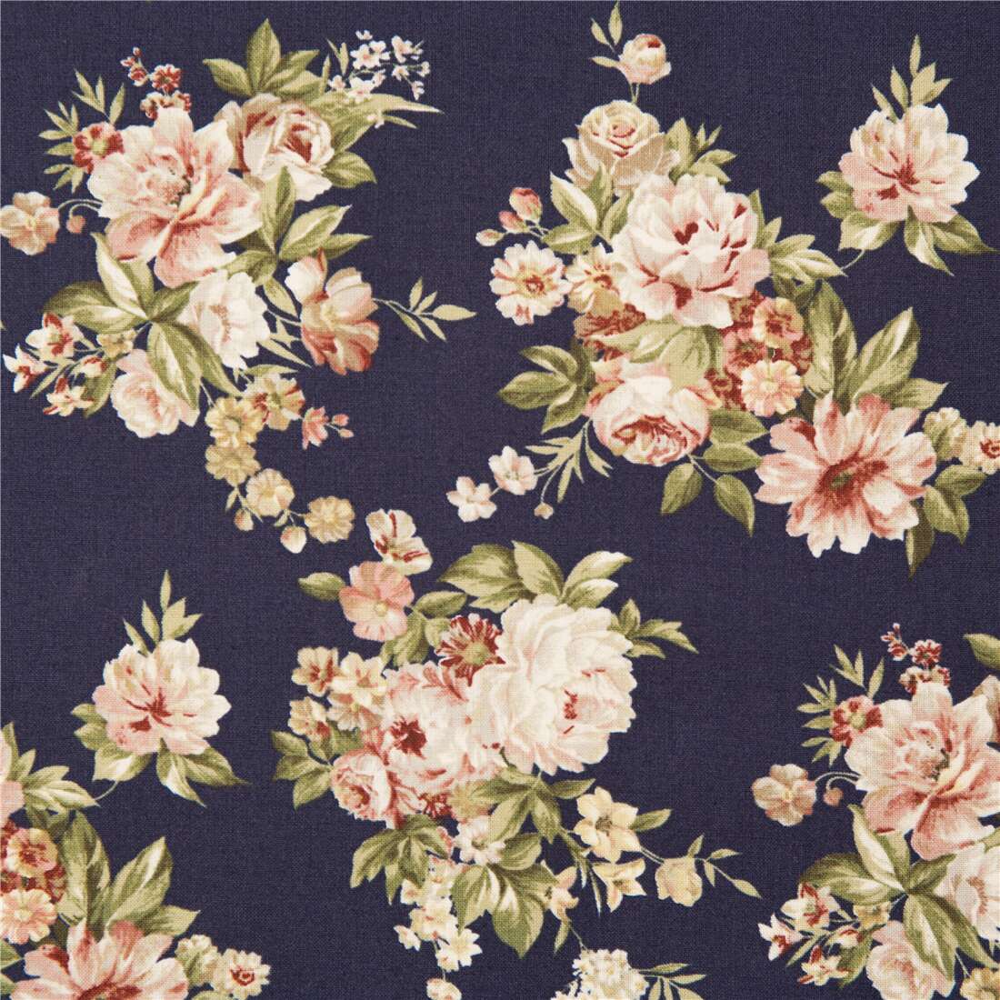 navy Japanese floral fabric with bunches of cream flowers with foliage ...