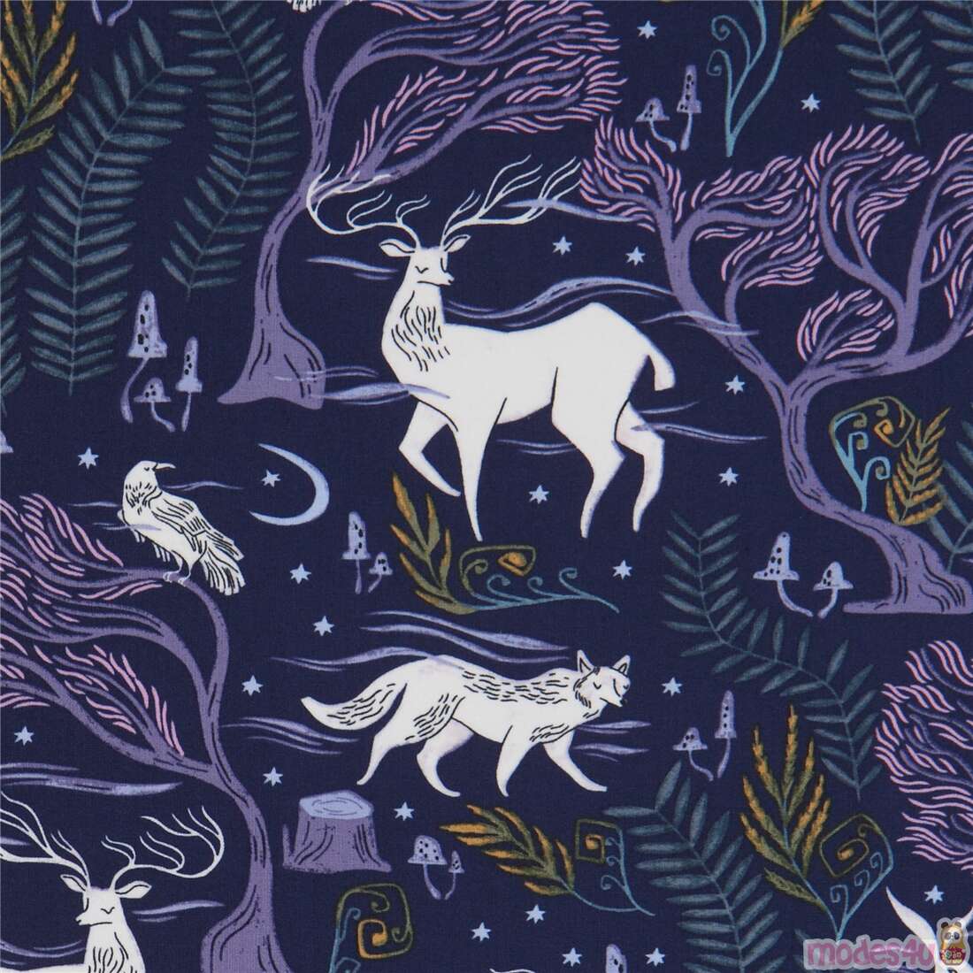 navy blue Dear Stella night time fabric with deer and forest animals ...