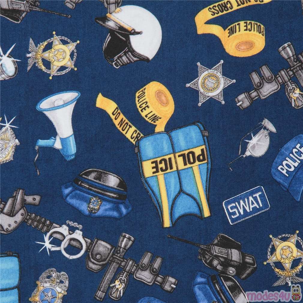 Remnant 28 cm - navy blue fabric with police gear hat badge Quilting ...