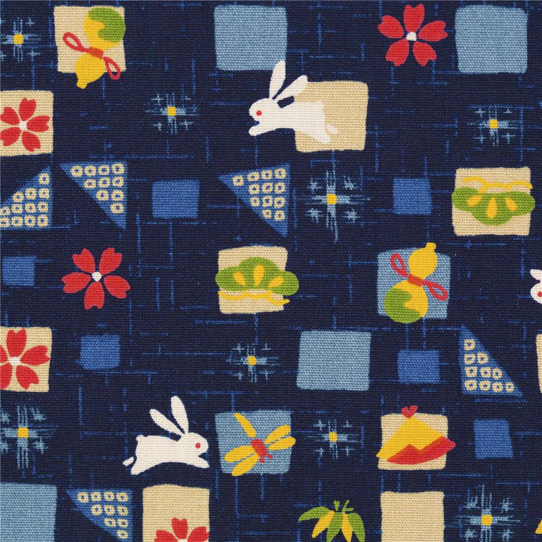 navy blue rabbit and triangle square motif Kyoto Japan cotton fabric ...