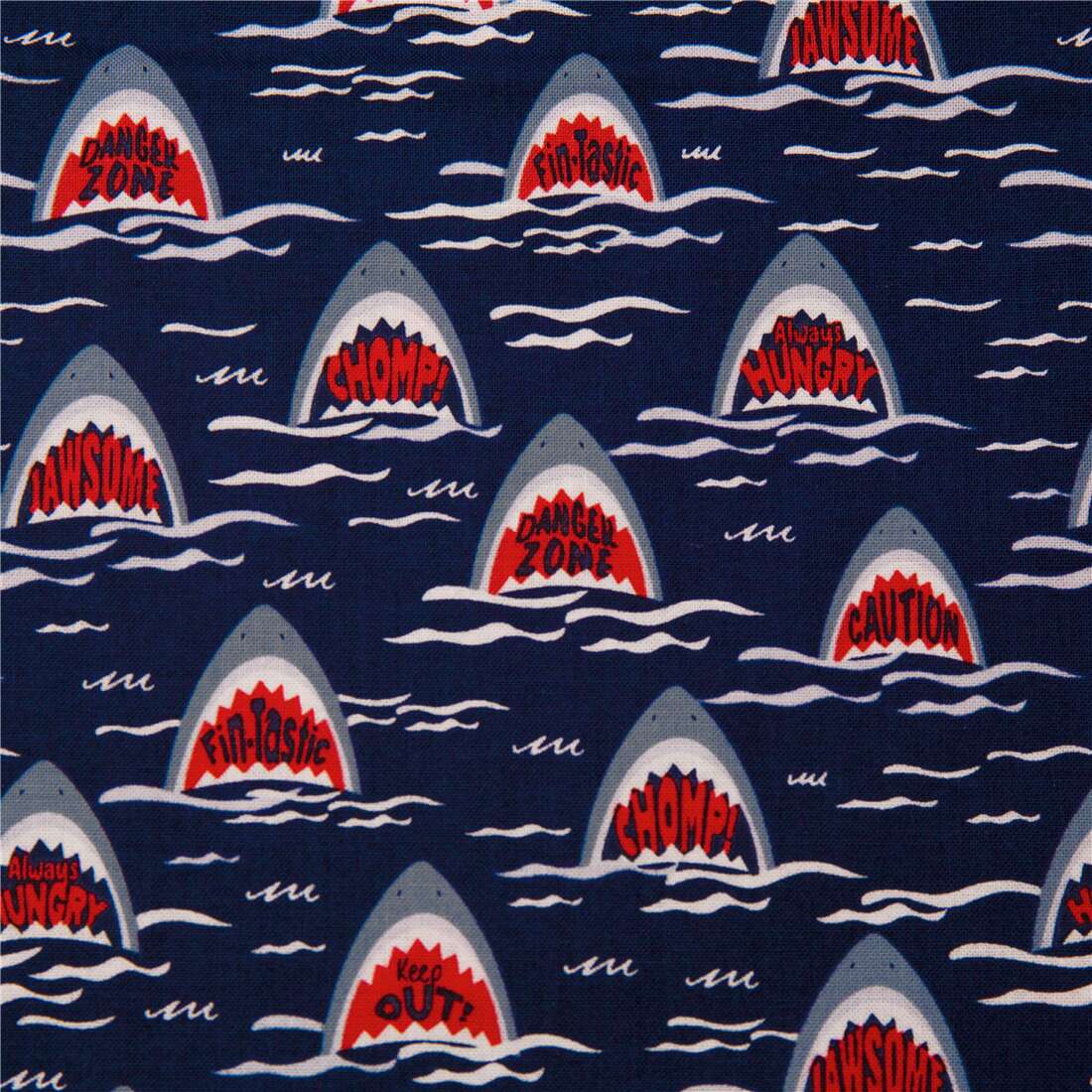 navy fabric with sharks open mouths witty phrases on cotton USA fabric ...