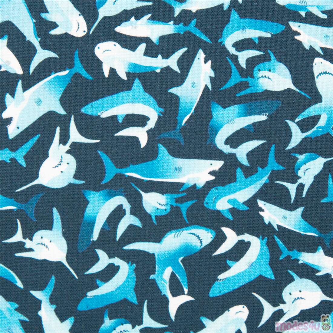 navy fabric with small blue swimming sharks cotton fabric by Timeless ...