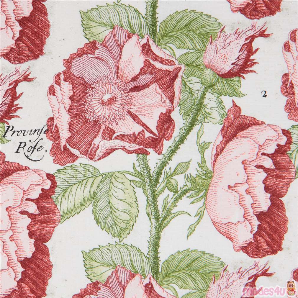 Stoffrest (29 x 109 cm) - Altweißer Stoff mit rosaroten Blumen und ... Stoffrest (29 x 109 cm) - Altweißer Stoff mit rosaroten Blumen und ...