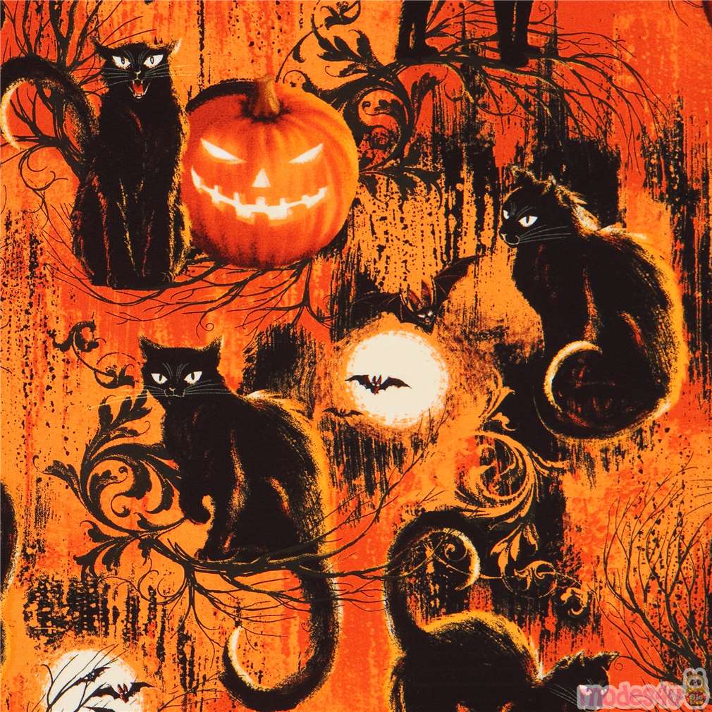 orange Halloween fabric with black cats by Timeless Treasures - modeS4u ...