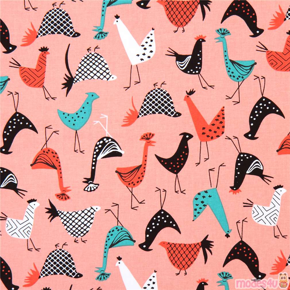 peach Michael Miller fabric cute black white chickens Funky Chicken ...