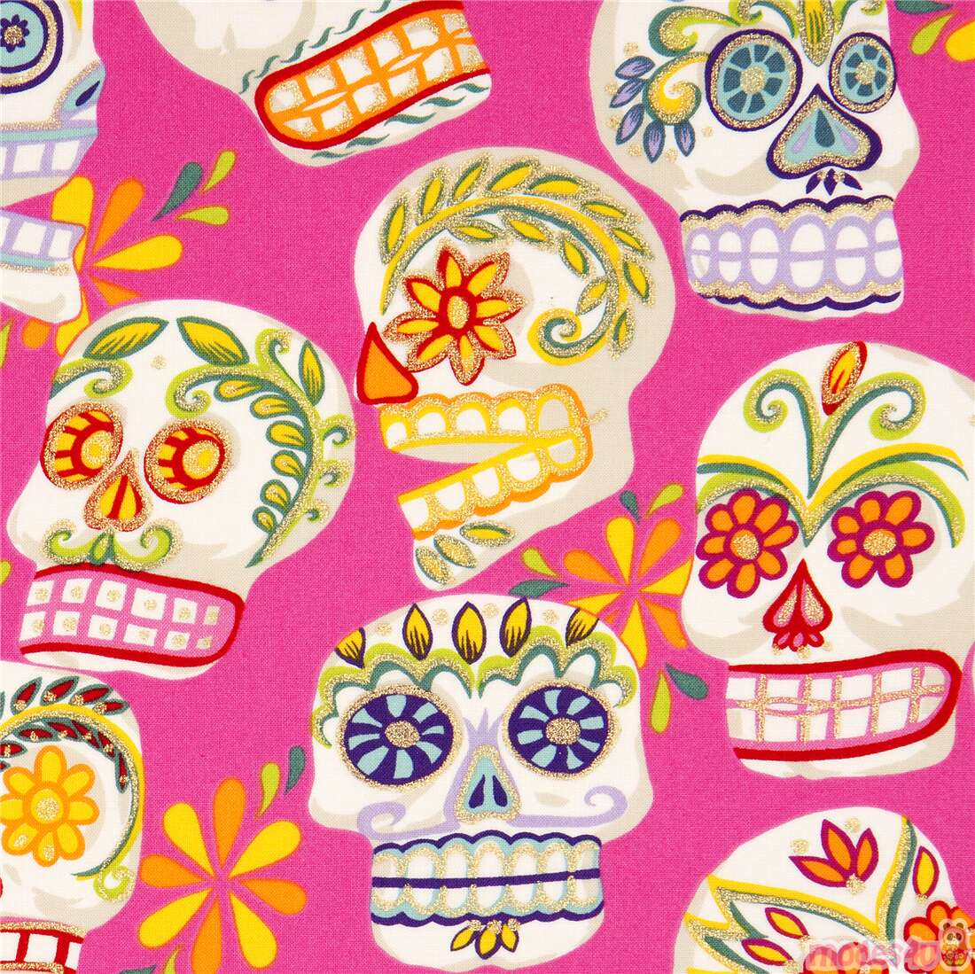 pink Alexander Henry fabric with decorated skulls Fabric by Alexander ...