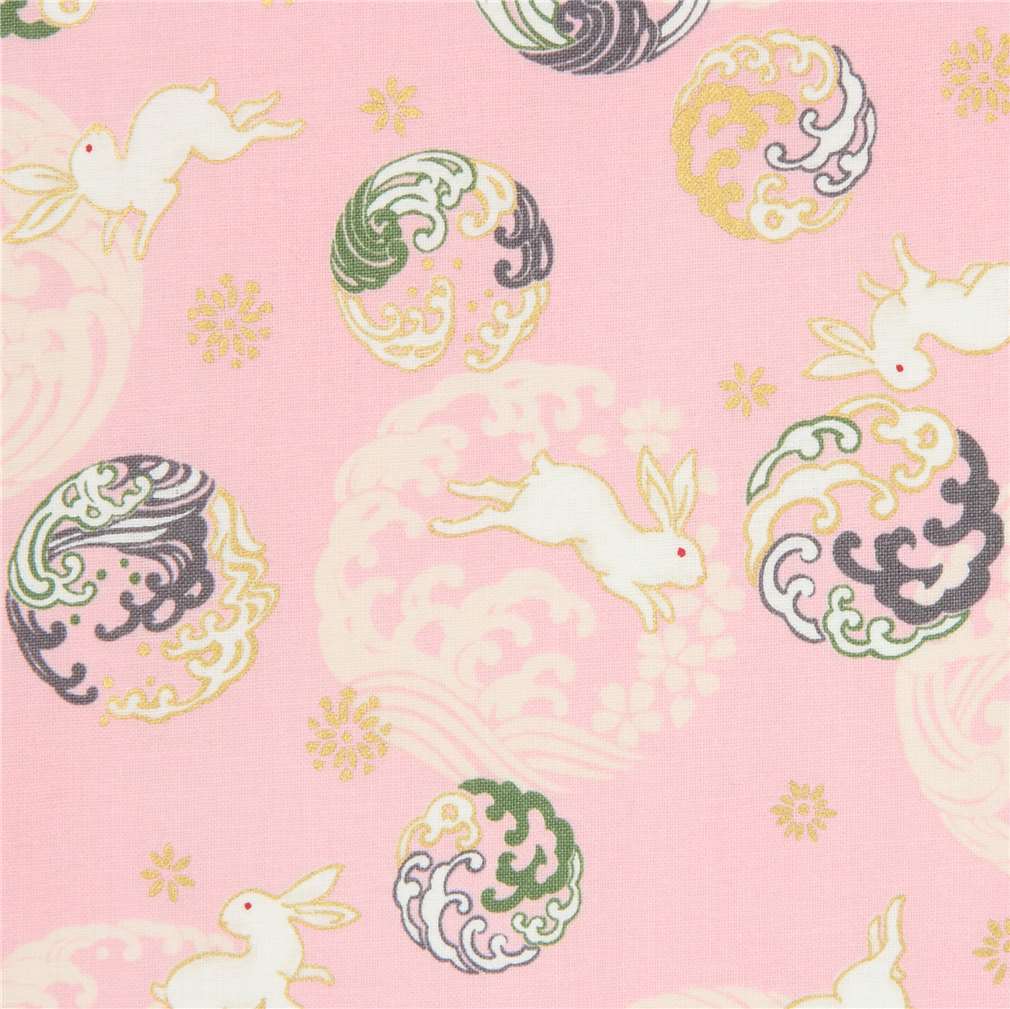 pink and metallic gold Quilt Gate fabric with bunny rabbits and waves ...