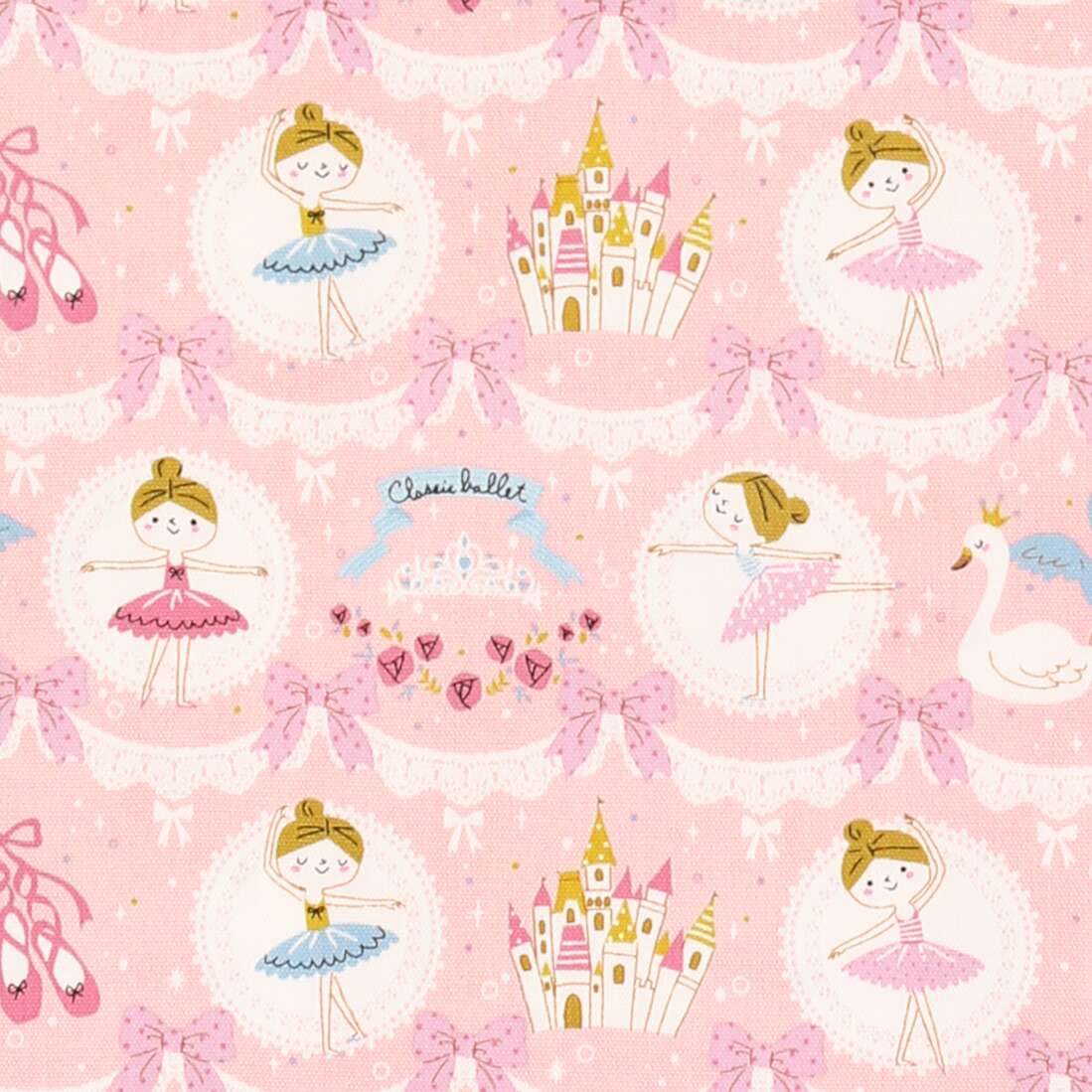 pink ballerina dancers castles oxford cotton fabric by Kokka Fabric by ...