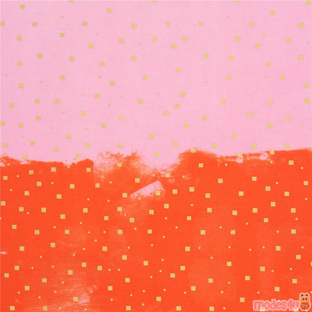 pink with single orange border gold metallic squares fabric by Cotton ...