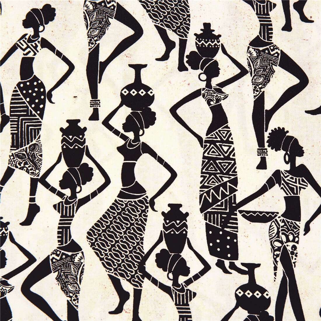 pitchers pottery Michael Miller black African women motifs ivory cotton ...