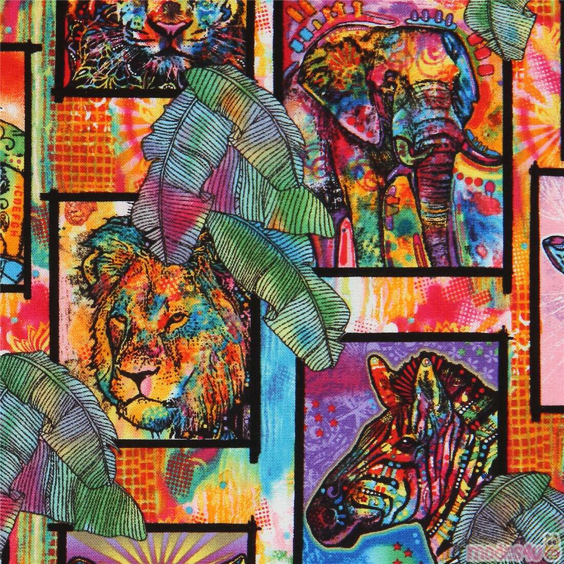 rainbow wild animal frames fabric with elephants and lions Fabric by ...