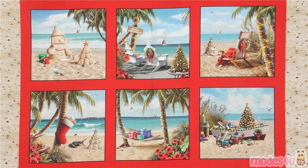 red Elizabeth's Studio Christmas at the beach panel fabric Fabric by ...
