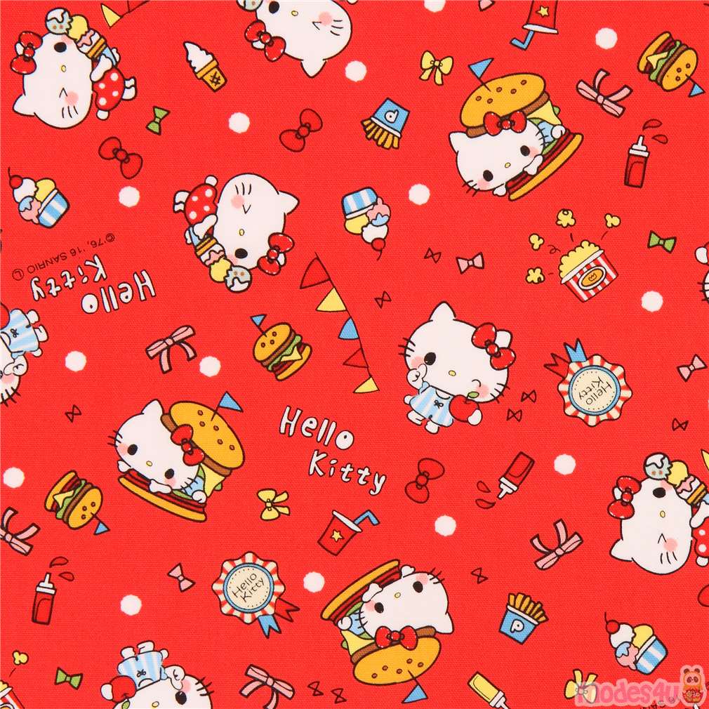 Tela oxford roja con Hello Kitty hamburguesa helado Fabric by Sanrio ...