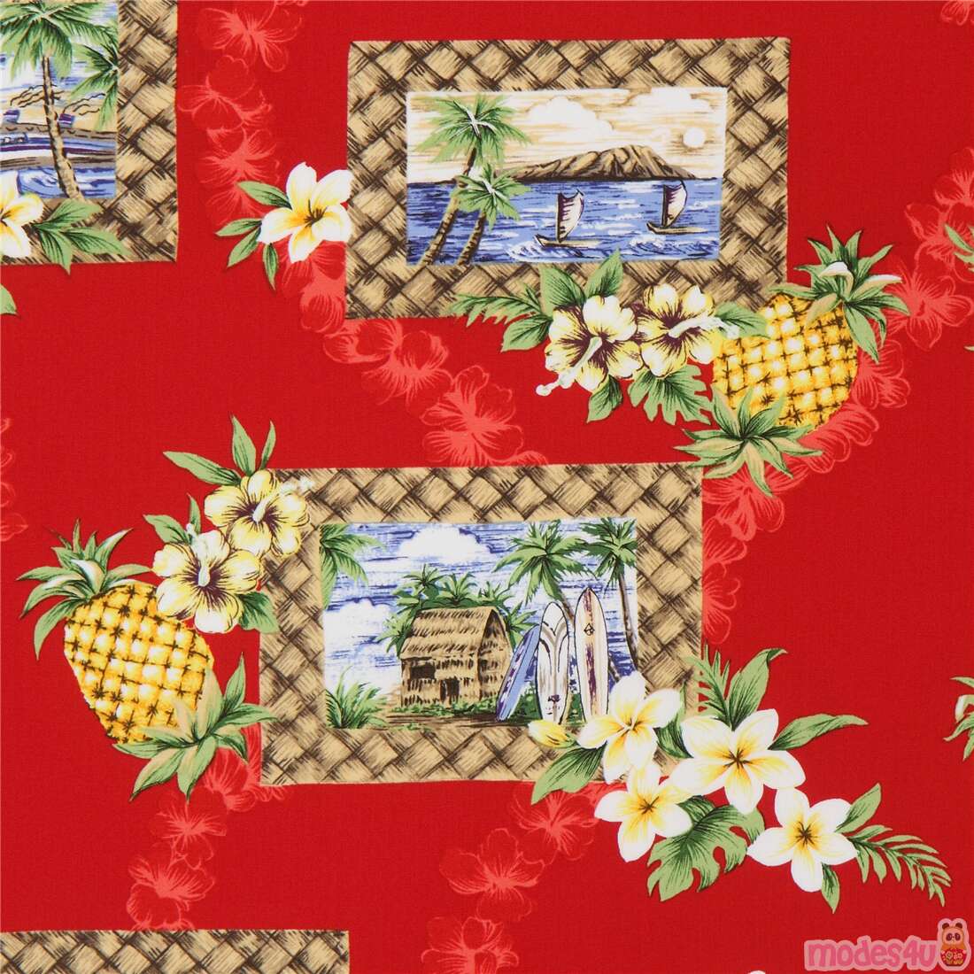 red Trans-Pacific Textiles fabric with holiday photos and tropical ...