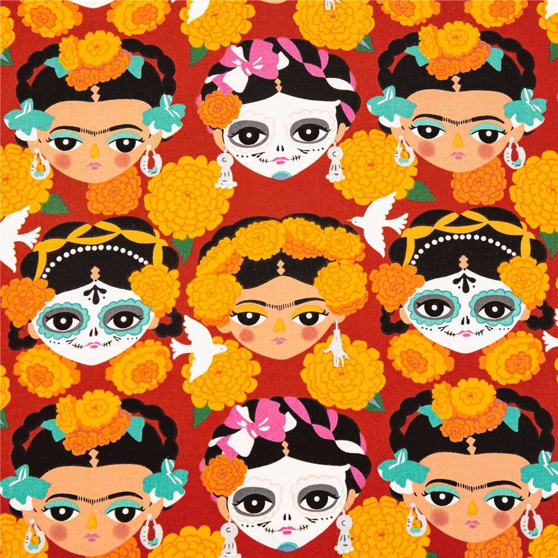red cotton US fabric Frida sugar skull birds marigold Alexander Henry ...