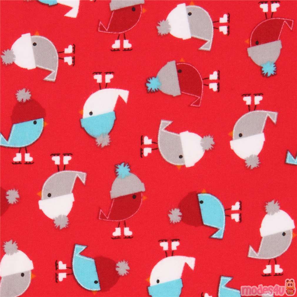 red flannel Robert Kaufman fabric cute bird hat ice skates Jingle ...