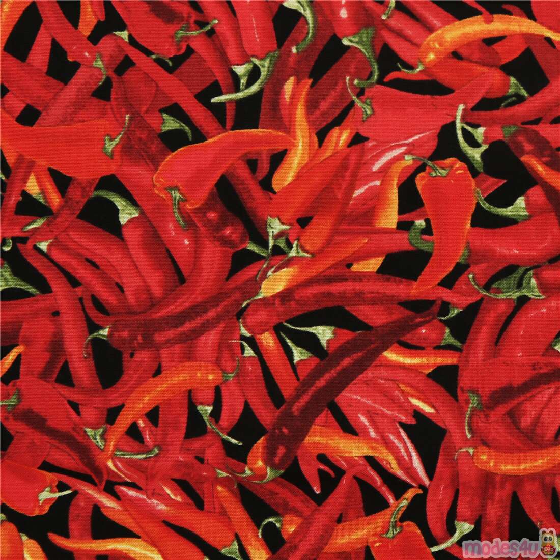 red orange chillies on black cotton fabric by Timeless Treasures Fabric ...