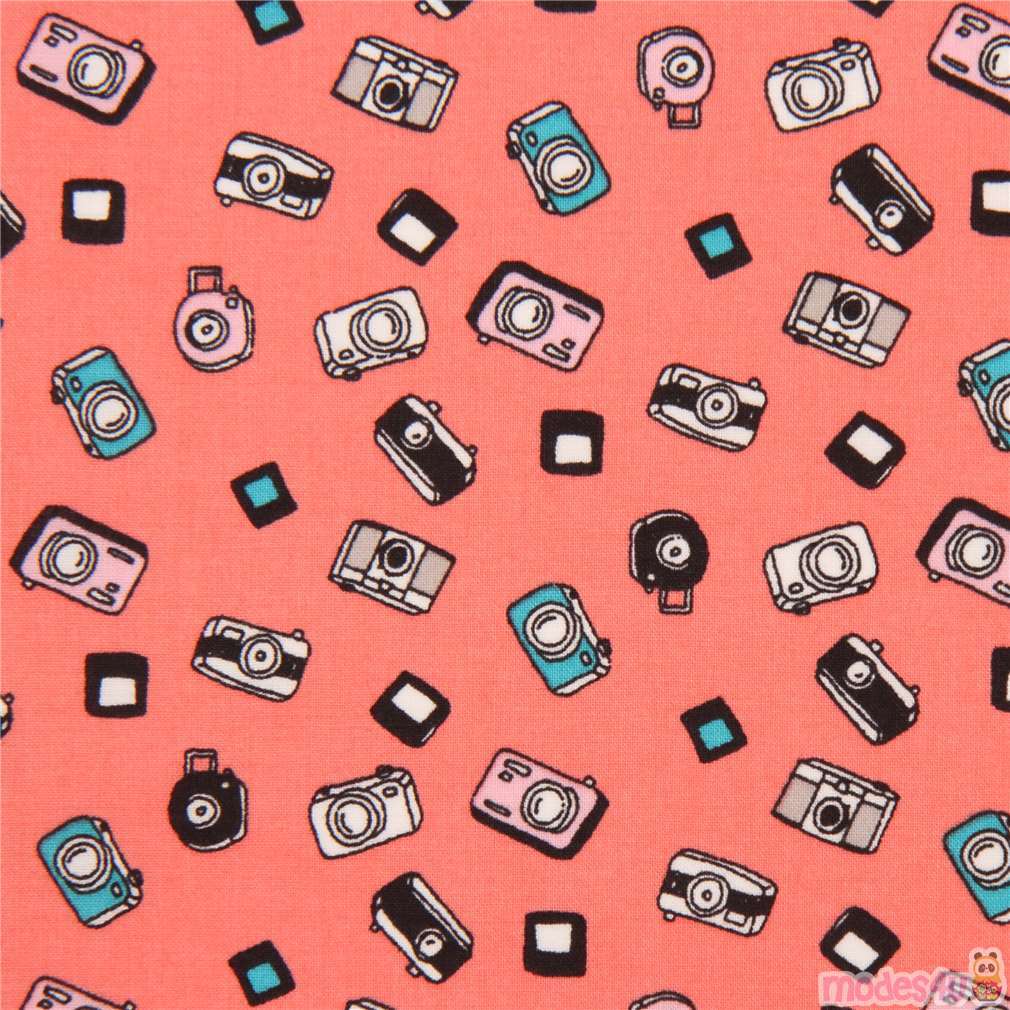 salmon pink cute small camera Lawn fabric Fabric by Japanese Indie ...