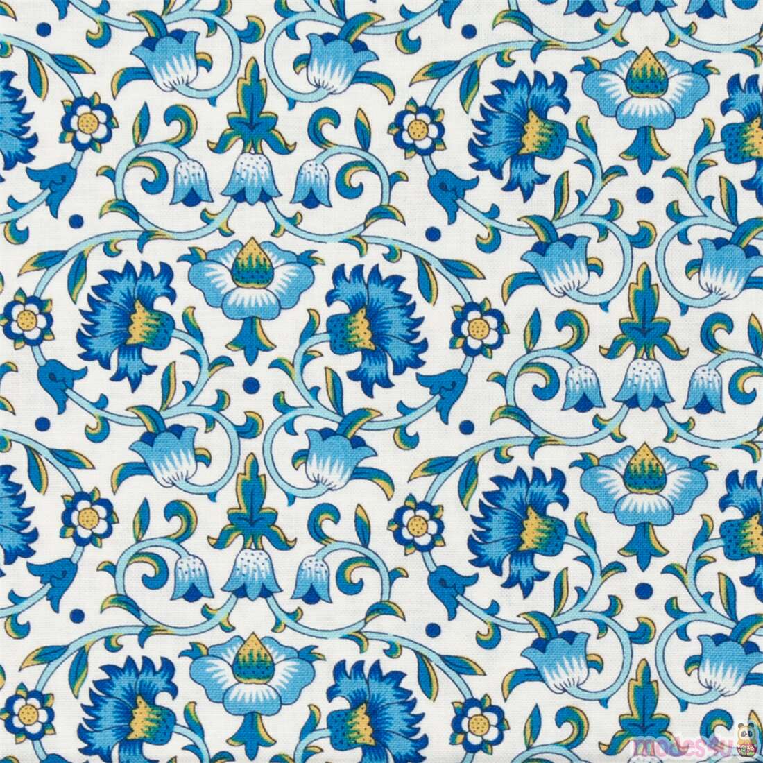 scrolling blue foliage and florals on white by Liberty Fabrics Fabric ...
