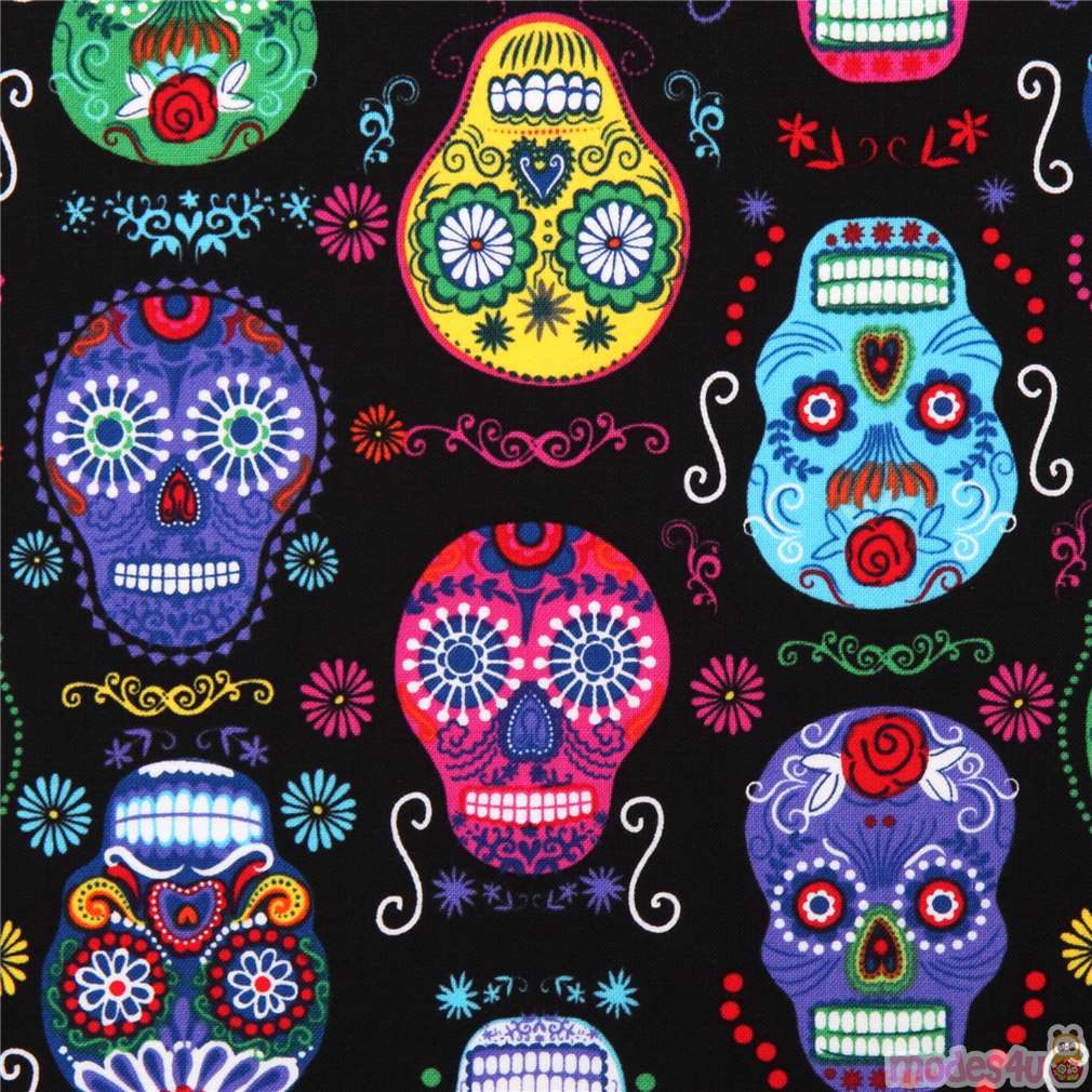 black Folk Art skull fabric by Timeless Treasures Fabric by Timeless ...