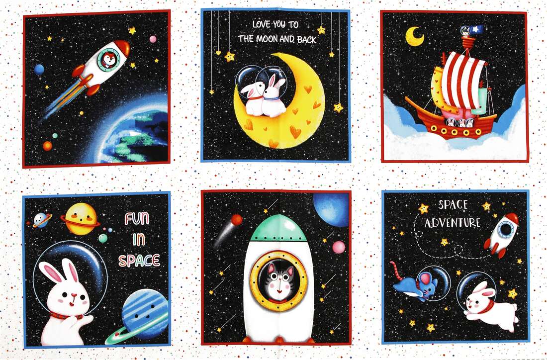 Adventure Bunny Outer Space Rocket Fabric by Michael Miller - modes4u