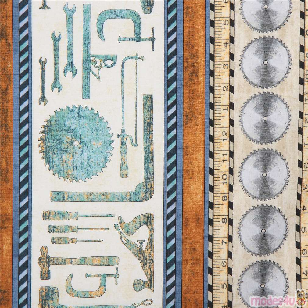 stripe fabric with saw hammer tool Quilting Treasures Fabric by ...