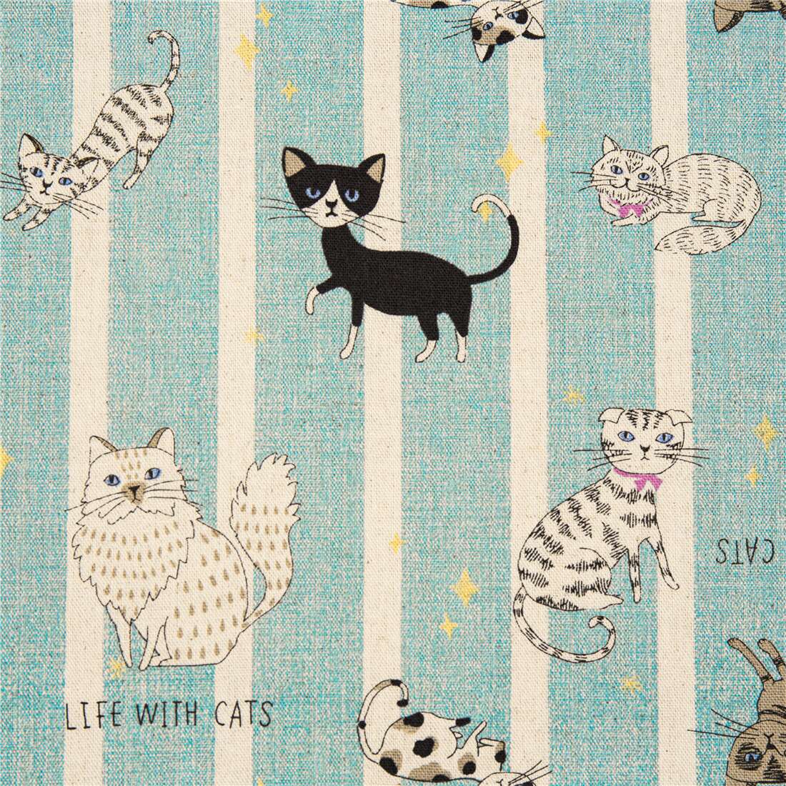 striped blue Kokka Japanese life with cats canvas fabric Fabric by ...