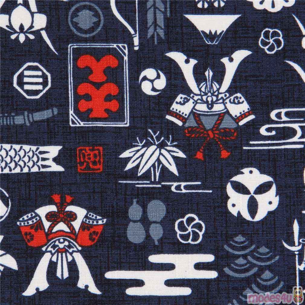 structured navy blue with samurai helmet fan Kokka Dobby fabric Fabric ...