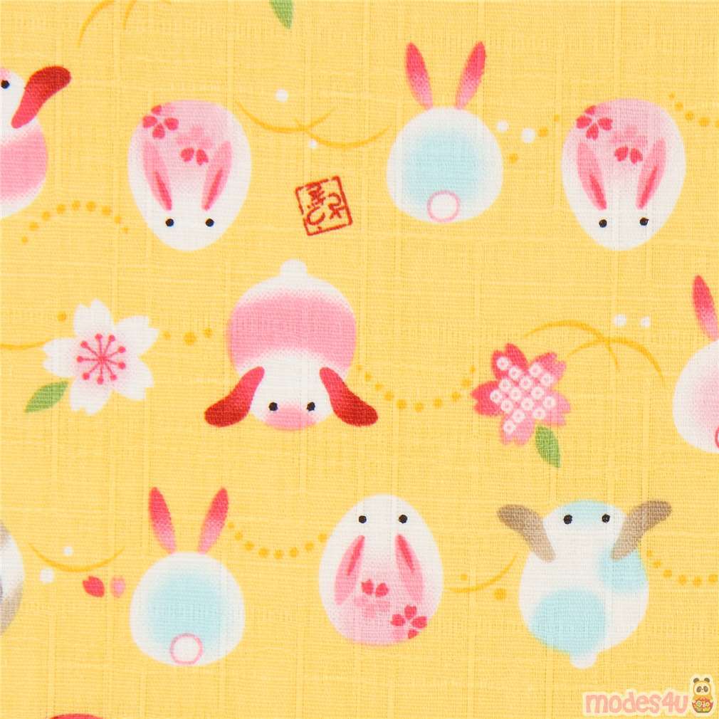 structured yellow with bunny rabbit animal Kokka Dobby fabric Fabric by ...