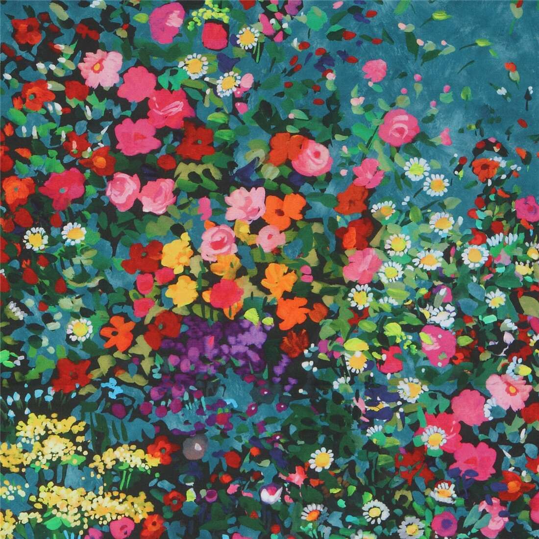 petrolfarben Michael Miller Stoff mit bunt gemalten Blumen Fabric by ...