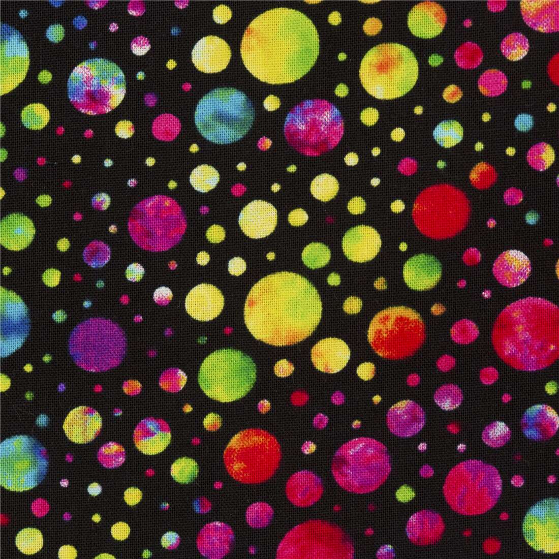 tie dye small colourful polka dots on black fabric by Timeless ...