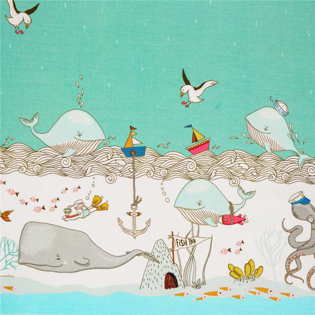 tuquoise ocean fabric with whales octopus panel Michael Miller cotton ...