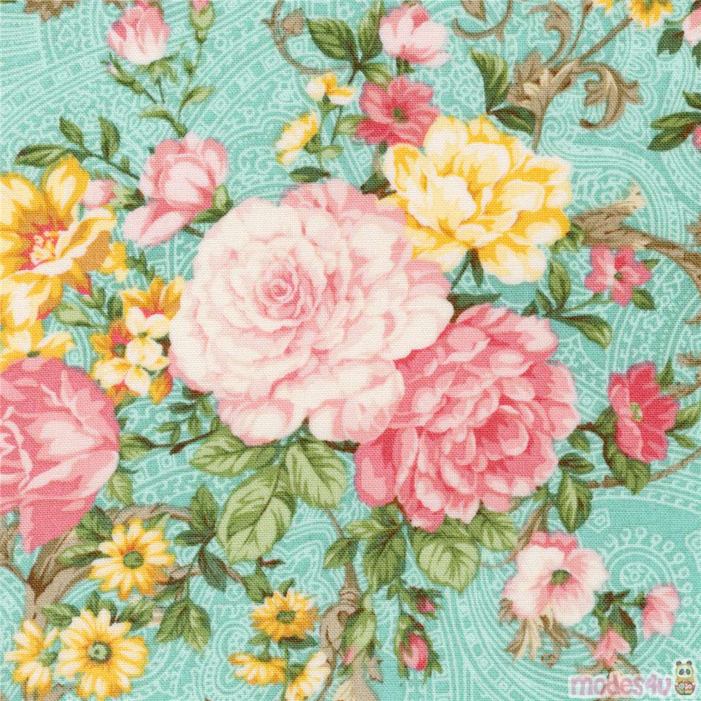 turquoise Robert Kaufman fabric flower Lady Elizabeth Fabric by Robert ...