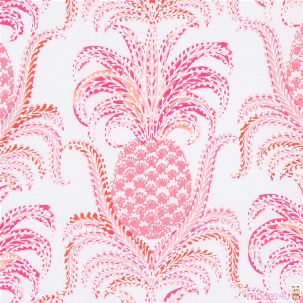 white Michael Miller fabric pink fruit Pineapple Express Fabric by ...