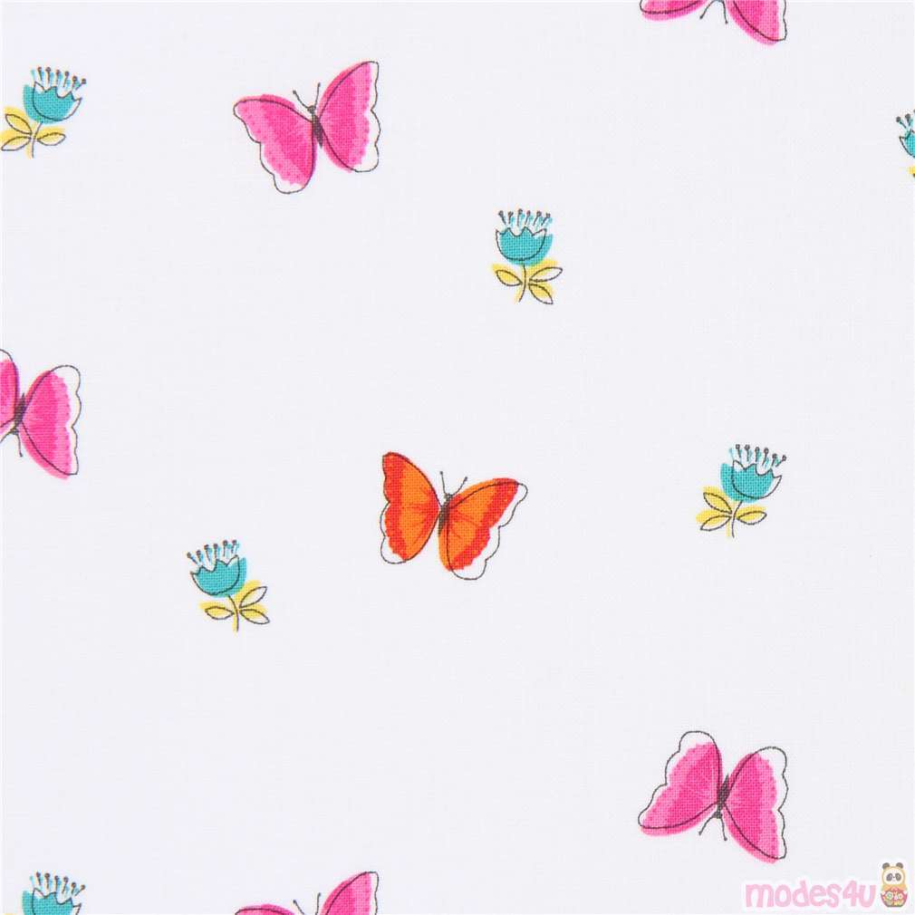 white Michael Miller fabric pink orange butterfly small flower Flying ...