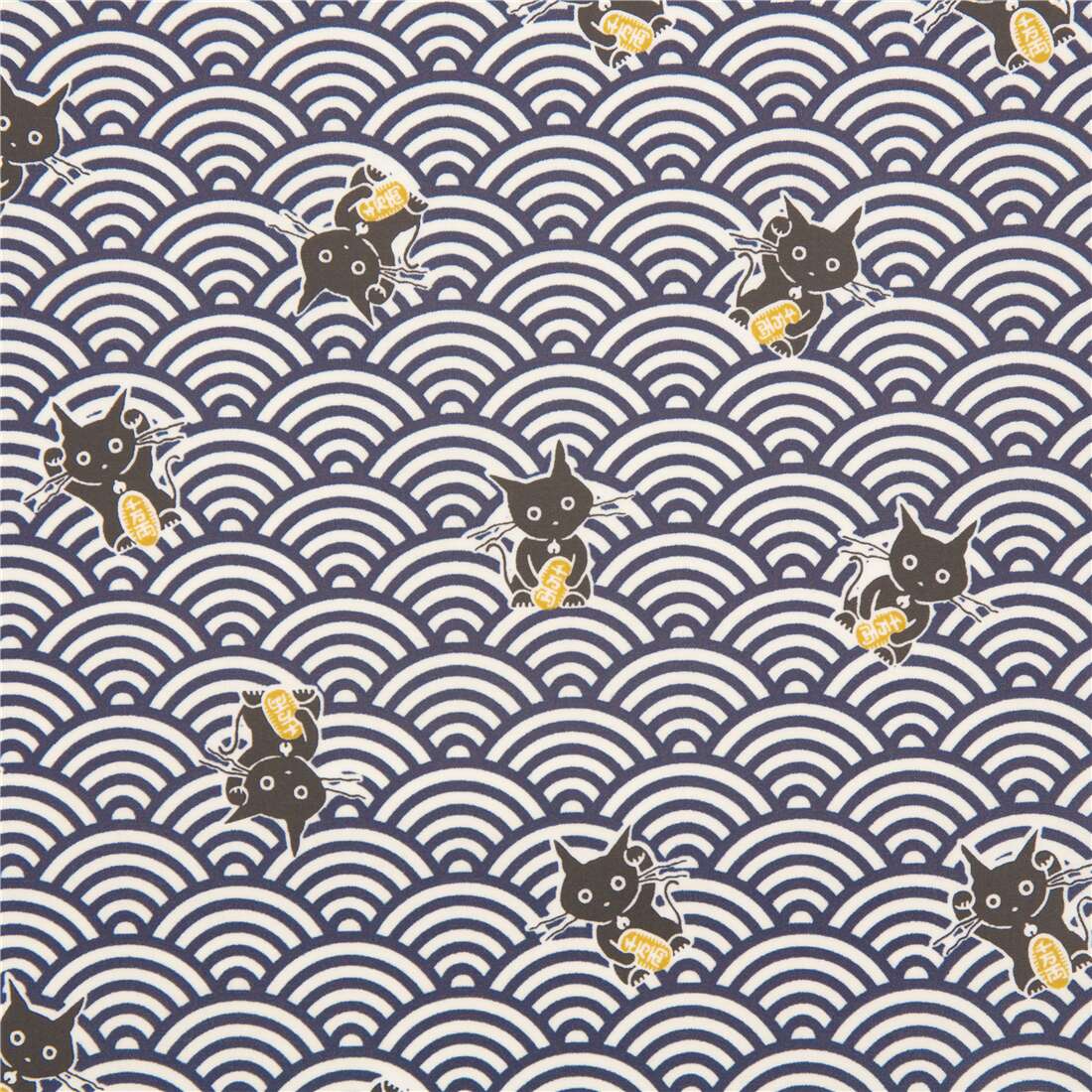 Tela japonesa algodón azul laminado estampado seigaiha blanco gatos ...