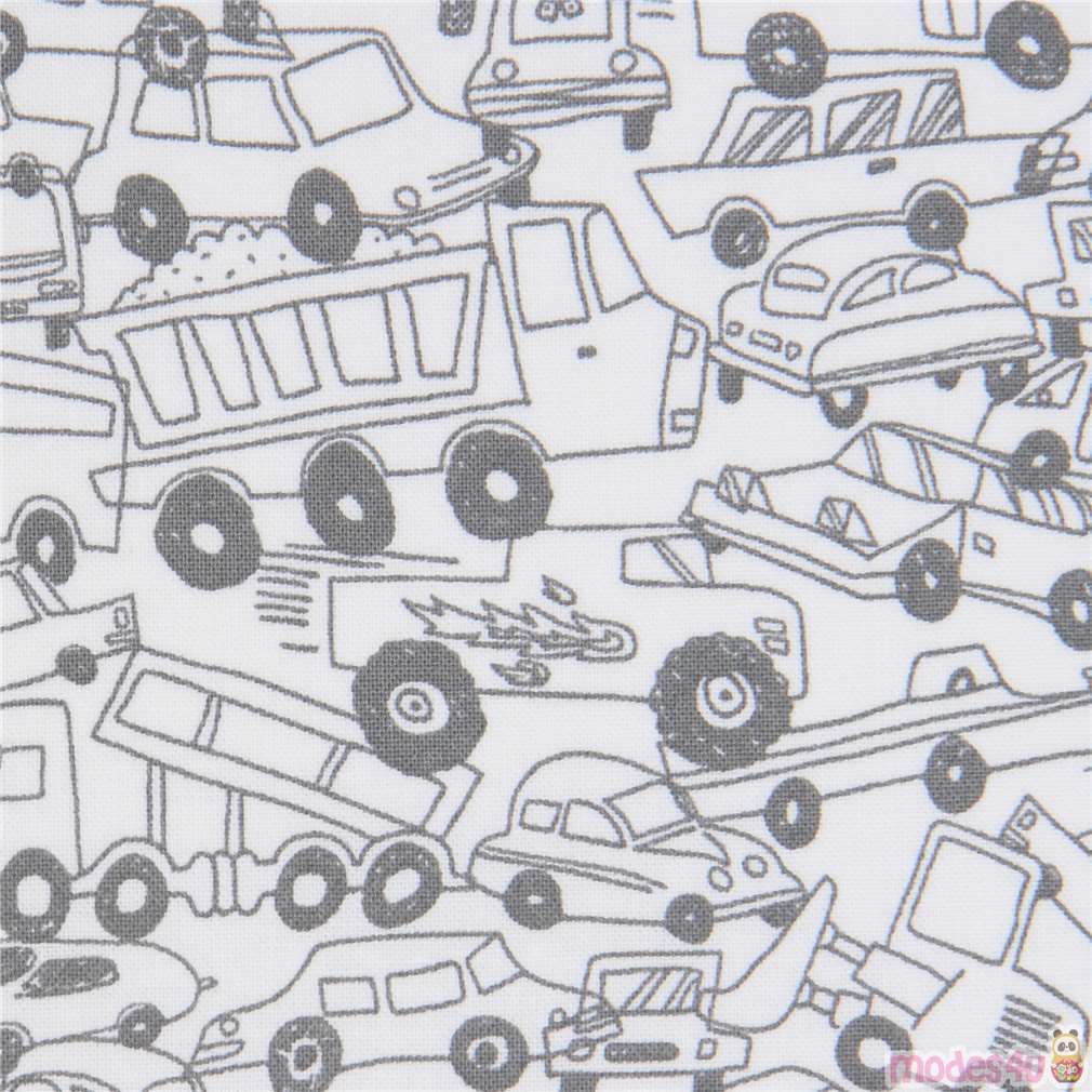 white construction vehicle and car fabric by Dear Stella Fabric by ...