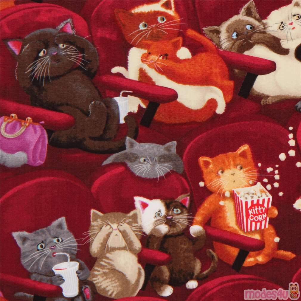 Remnant 38 cm - wine red animal fabric scared cats Timeless Treasures ...