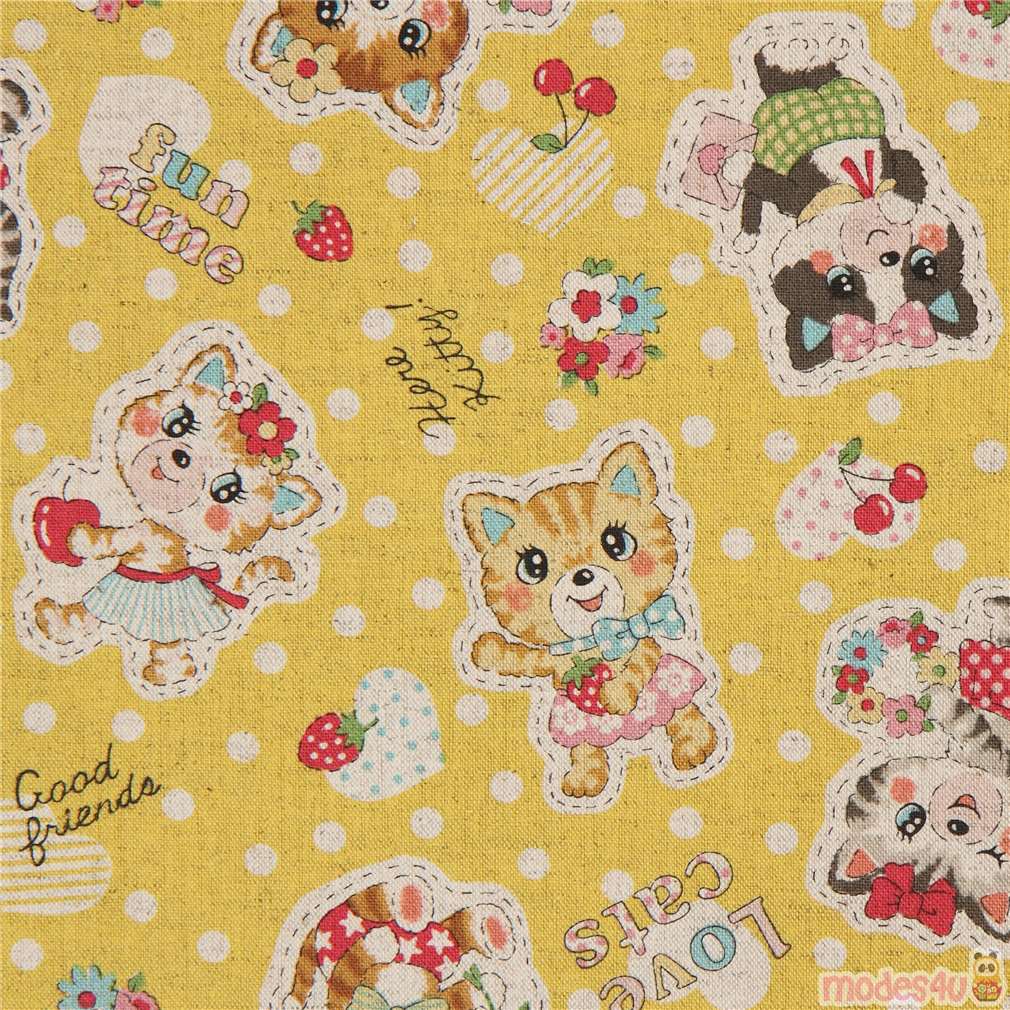 yellow Canvas fabric with cat animal dot Kokka Japan Fabric by Kokka ...