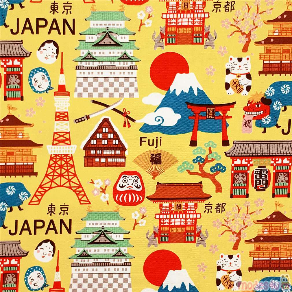 yellow Japanese landmark oxford fabric by Kokka with Mt Fuji and Tokyo ...