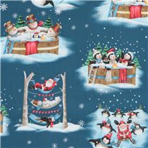 dark blue fabric with santa penguin bird animal Christmas Quilting ...