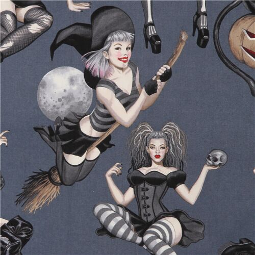 Remnant 45 X 112 Cm Alexander Henry Blue Grey Fabric With Women In