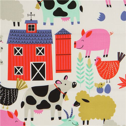 Alexander Henry light cream fabric with farm animals Fabric by ...
