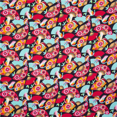 Black cotton fabric Michael Miller fans birds geometric print - modeS4u