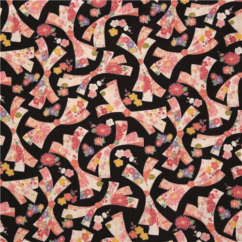 Schwarzer Stoff mit bunten Blumen und korallenroten creme Schleifen aus ...